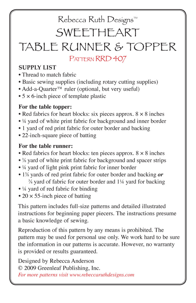 Sweetheart Table Runner & Topper Pattern – Quilting Books Patterns and ...