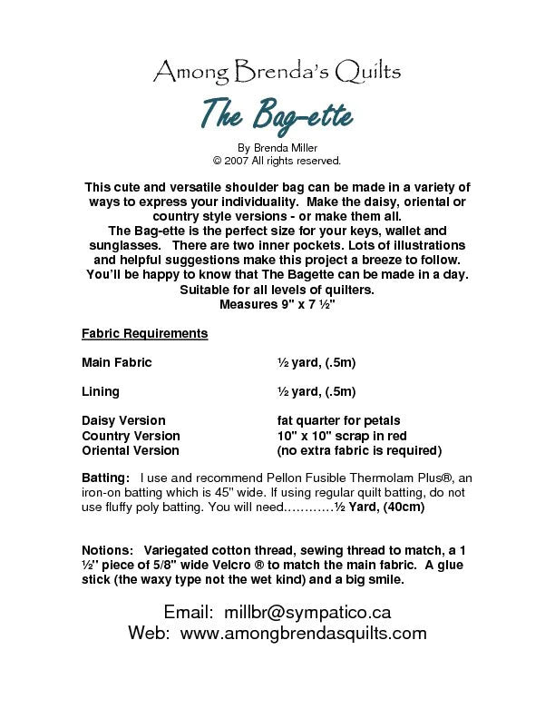 Bag-ette Bag Pattern – Quilting Books Patterns and Notions