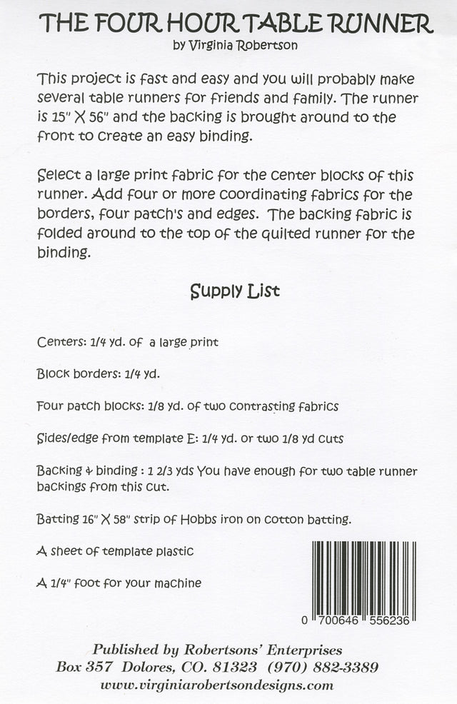 Four Hour Table Runner Pattern – Quilting Books Patterns and Notions