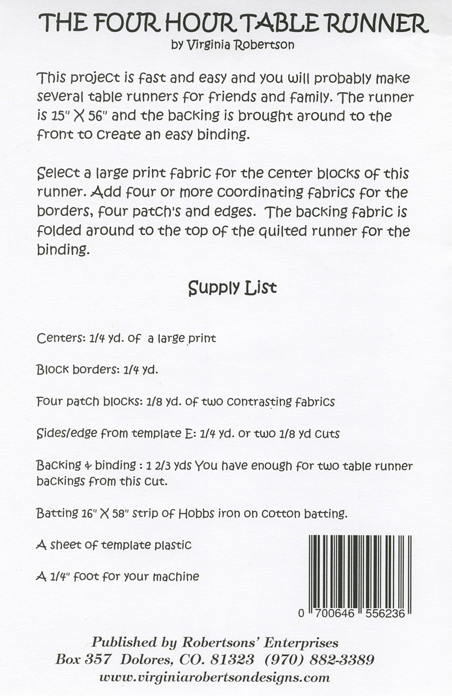 Four Hour Table Runner Pattern – Quilting Books Patterns and Notions