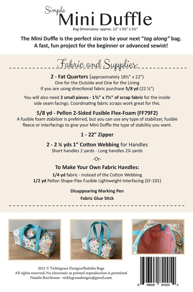 Simple Mini Duffle Pattern – Quilting Books Patterns and Notions